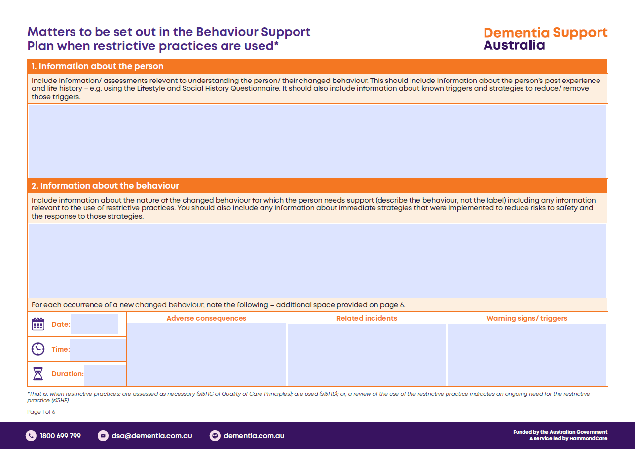 Behaviour Support Plan - Restrictive Practices Behaviour Support Plan - Restrictive Practices